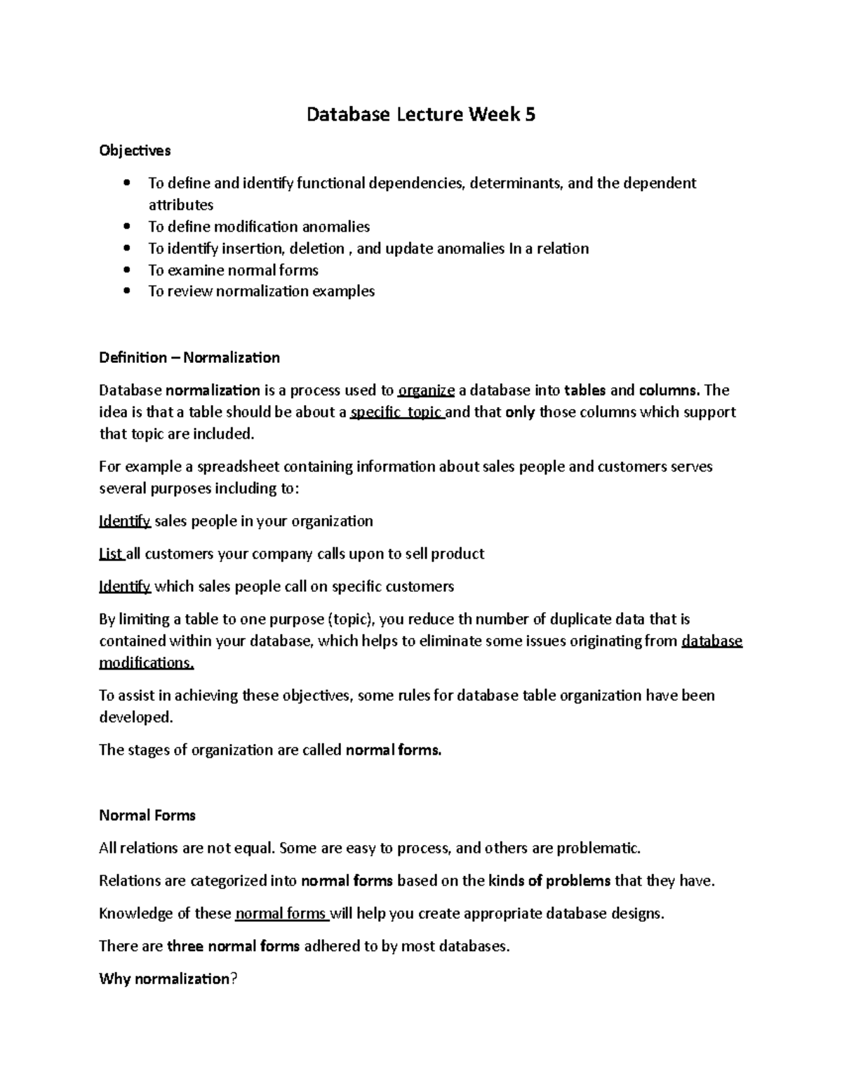 Week 5 Normalization And Anomalies Database Lecture Week 5 Objectives