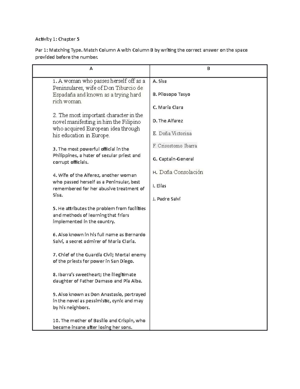 Activity 1 - None - Activity 1: Chapter 5 Par 1: Matching Type. Match ...