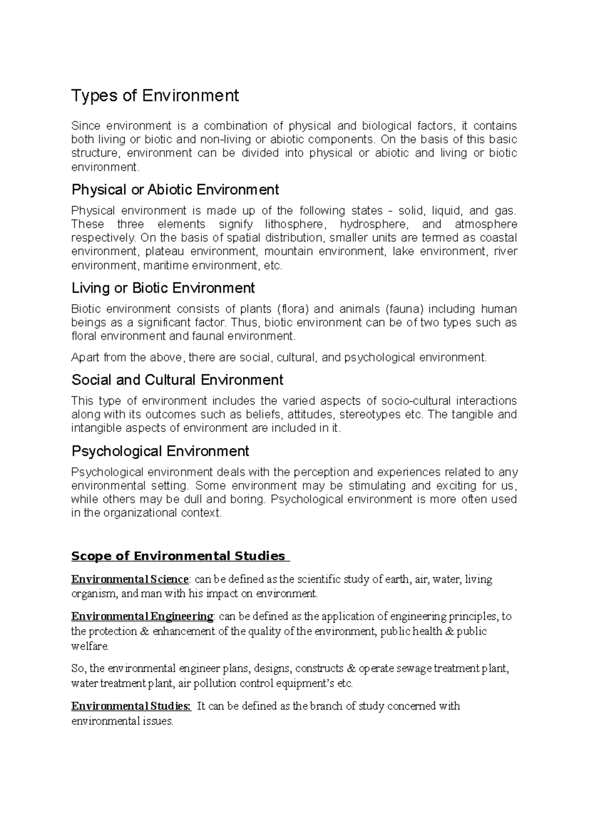 Types of Environment - notes - Types of Environment Since environment ...