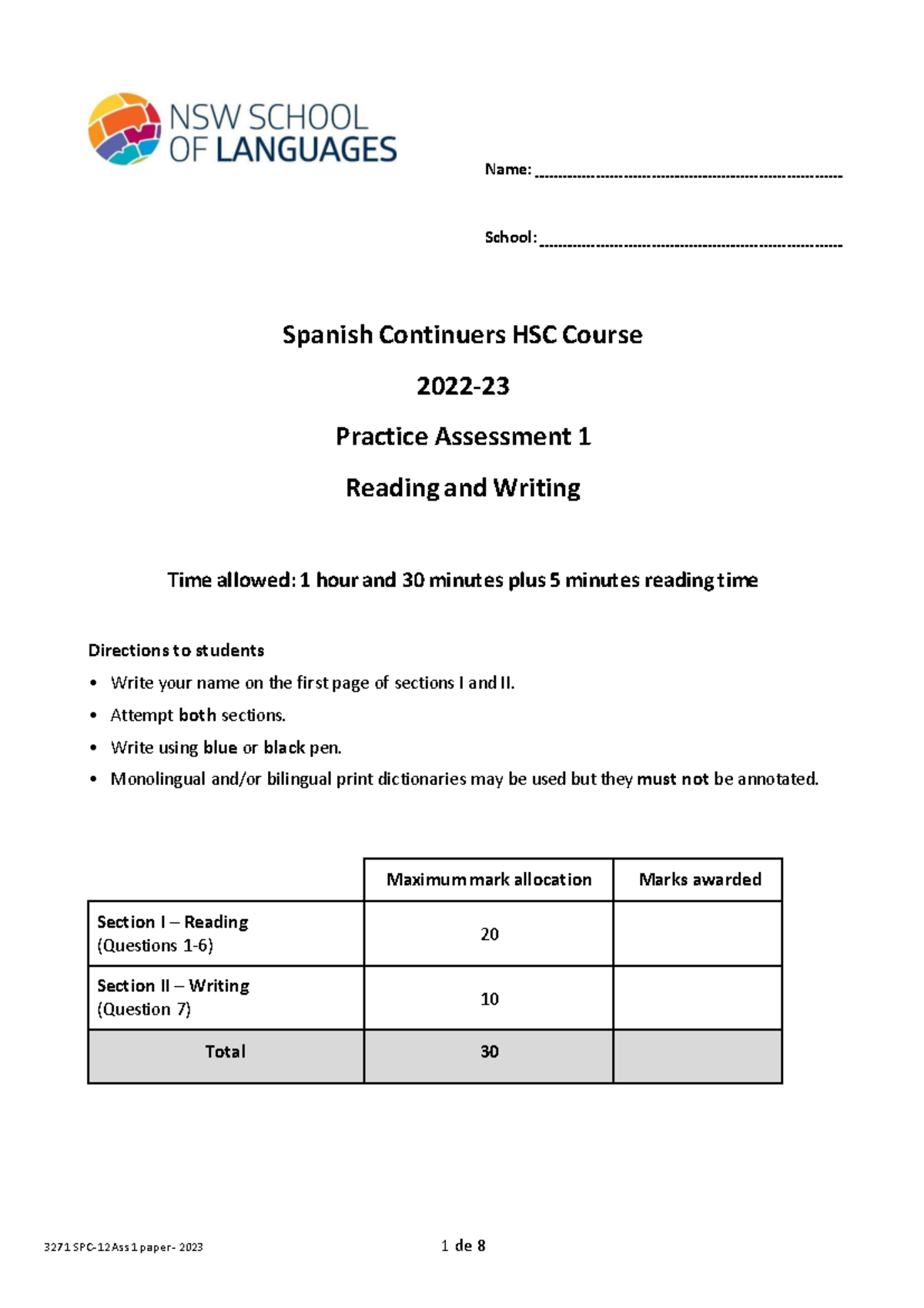 Exam Practice 1 - spanish continuers - Name: School: Spanish Continuers ...