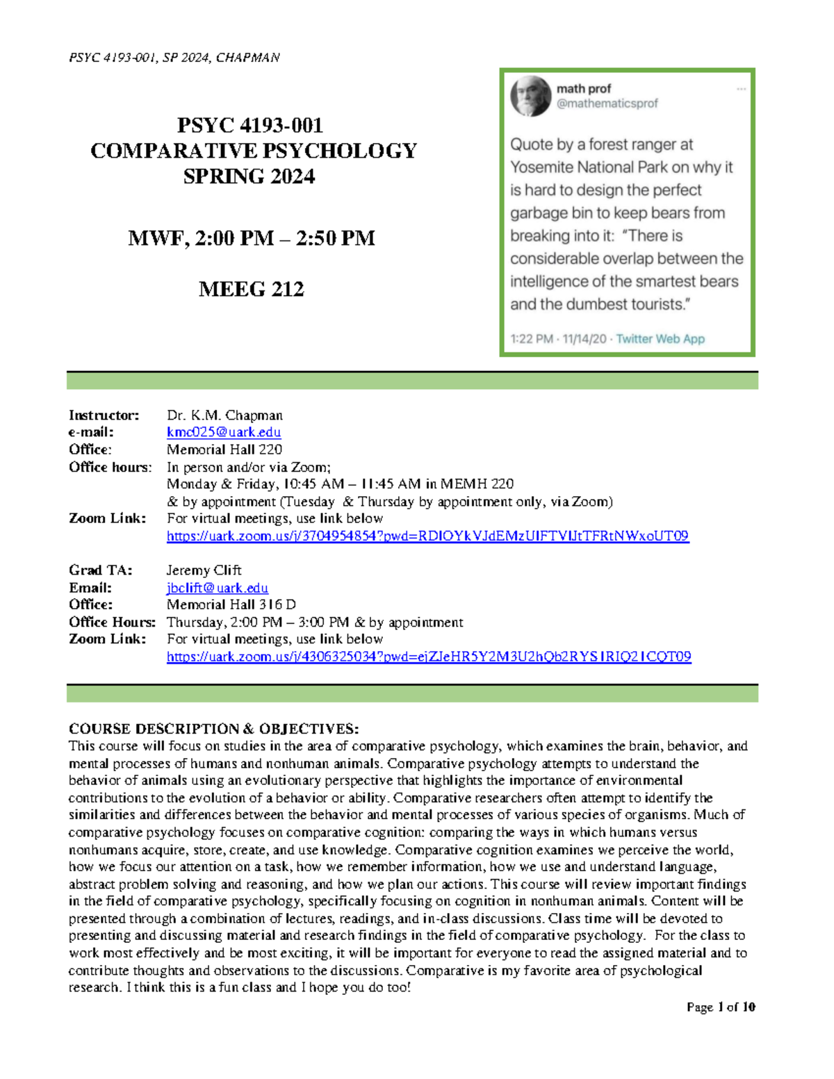 4193-001 Syllabus SP 2024 1 - PSYC 4193- 001 COMPARATIVE PSYCHOLOGY SPRING 202 4 MWF, 2:00 PM ...