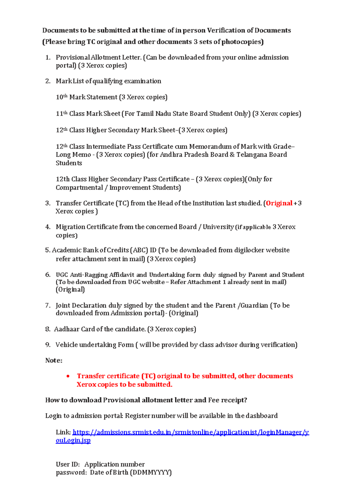 B.Tech full Time Documents to be submitted at the time of in person ...