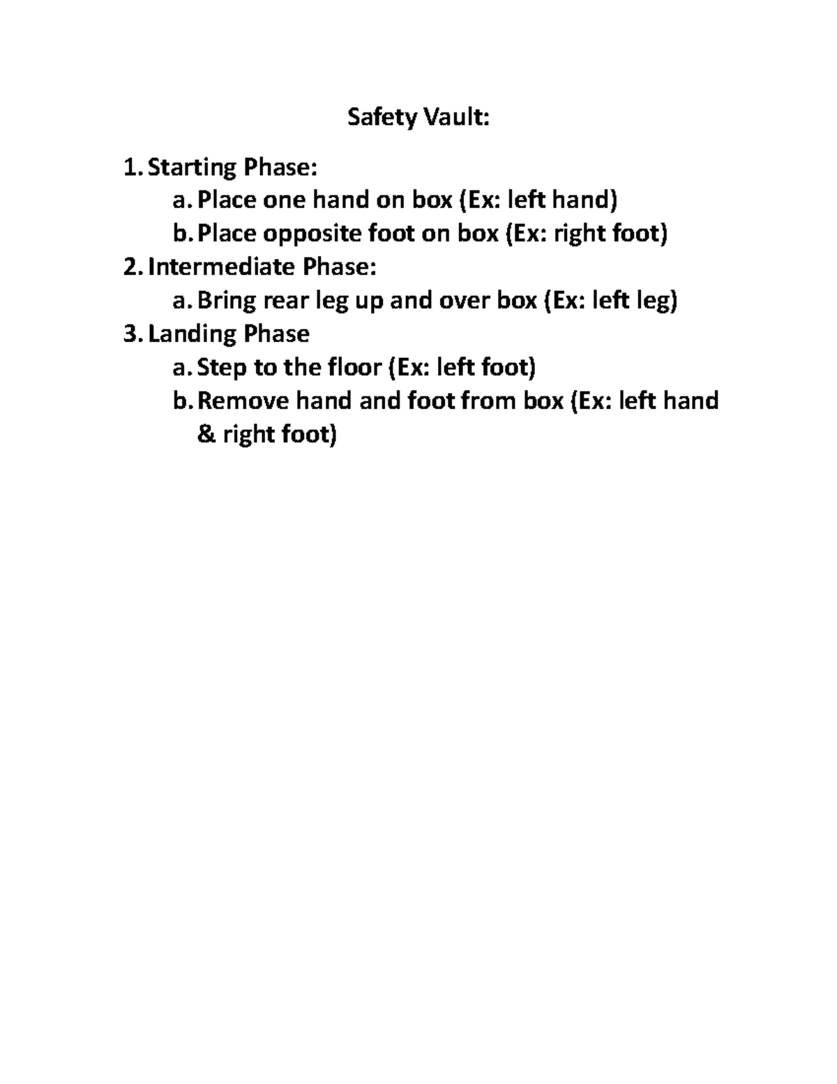 Gymnastics Cue Sheets - Safety Vault: 1. Starting Phase: a. Place one ...