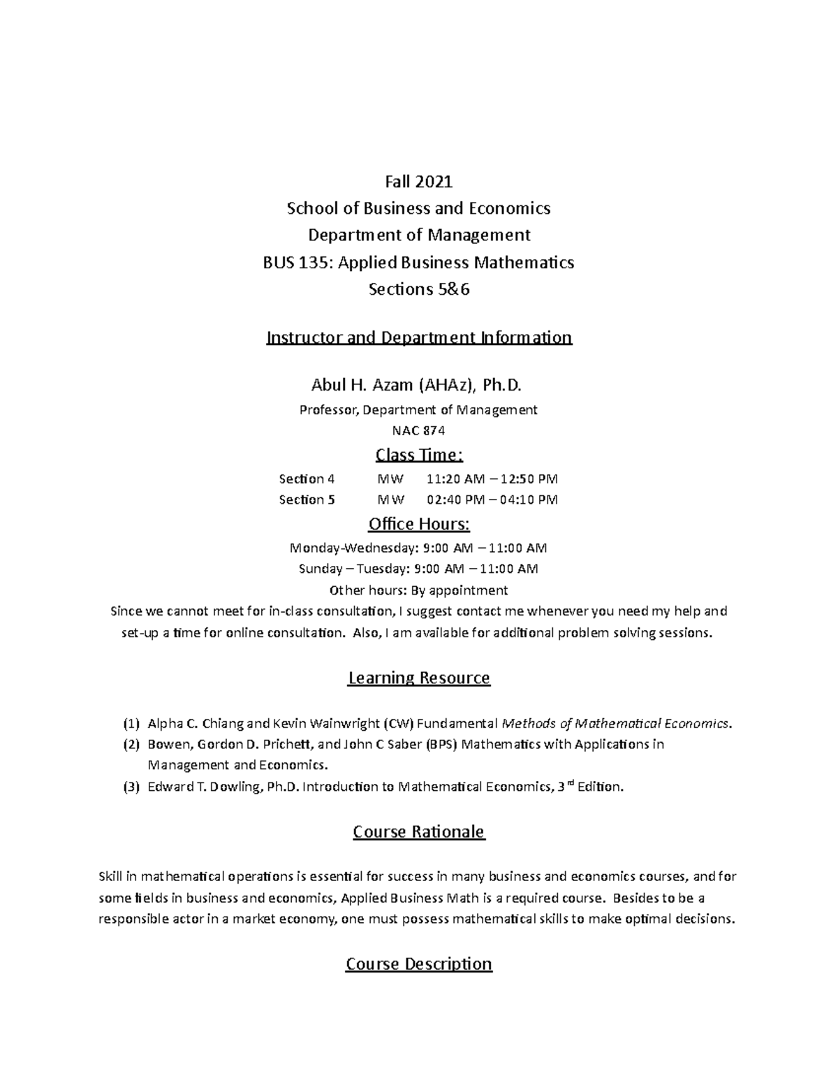 Course Outline Bus 135 Fall 2021 NSU - Fall 2021 School of Business and Economics Department of ...
