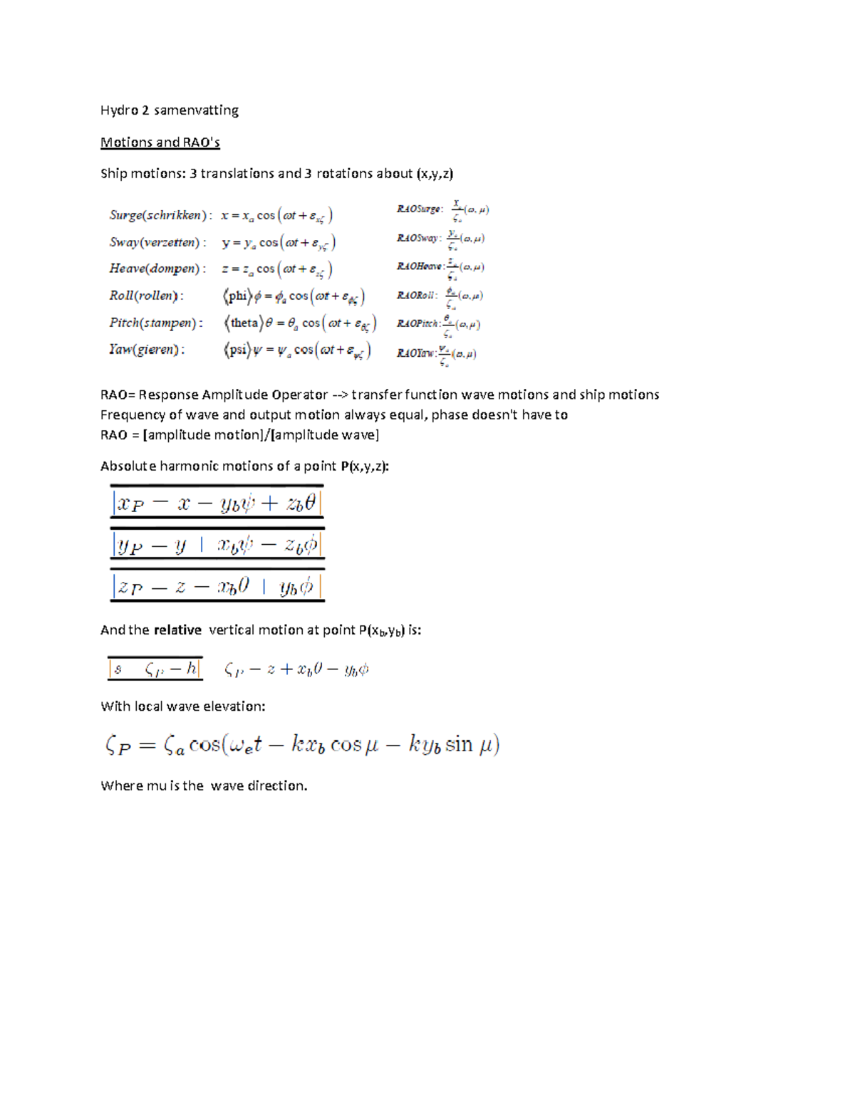 Summary Offshore Hydromechanics, Part 2 - Hydro 2 samenvatting Motions ...