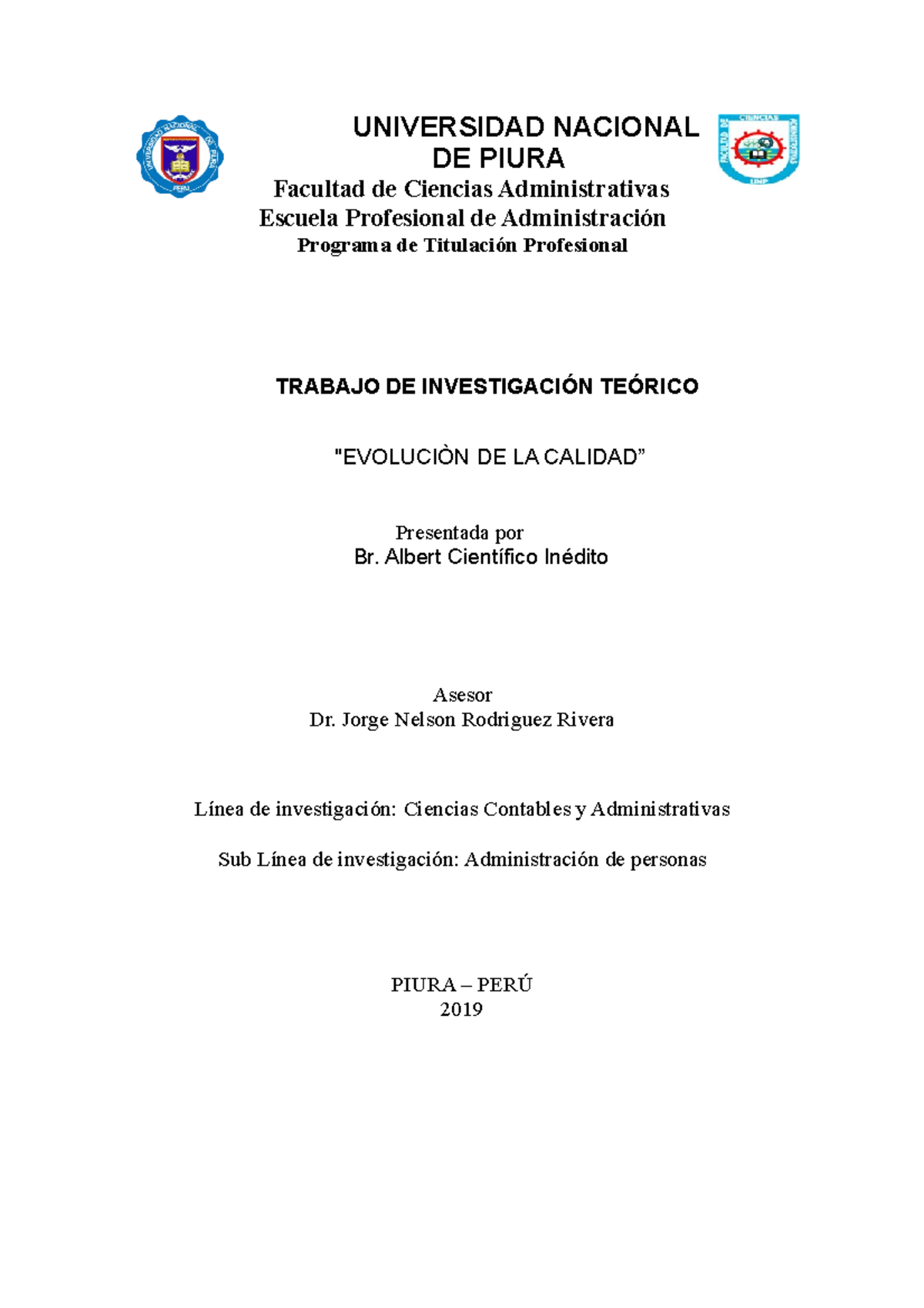 Monografia calidad - ASDFSA - UNIVERSIDAD NACIONAL DE PIURA Facultad de ...