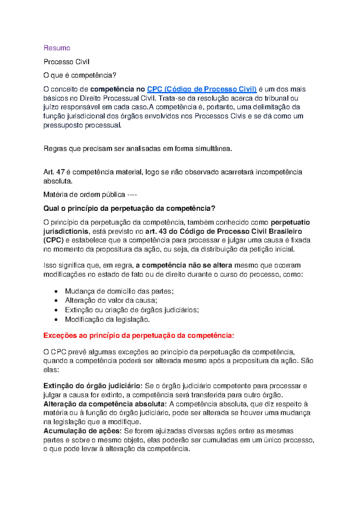 Resumo 1 - Resumo Processo Civil O que é competência? O conceito de ...