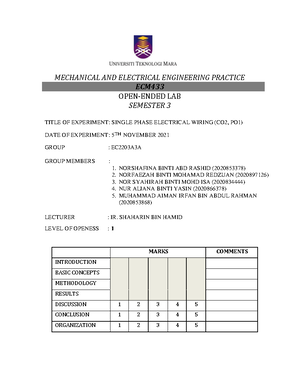 ECM433 CEEC2222A6B LAB 1 - MECHANICAL AND ELECTRICAL ENGINEERING ...