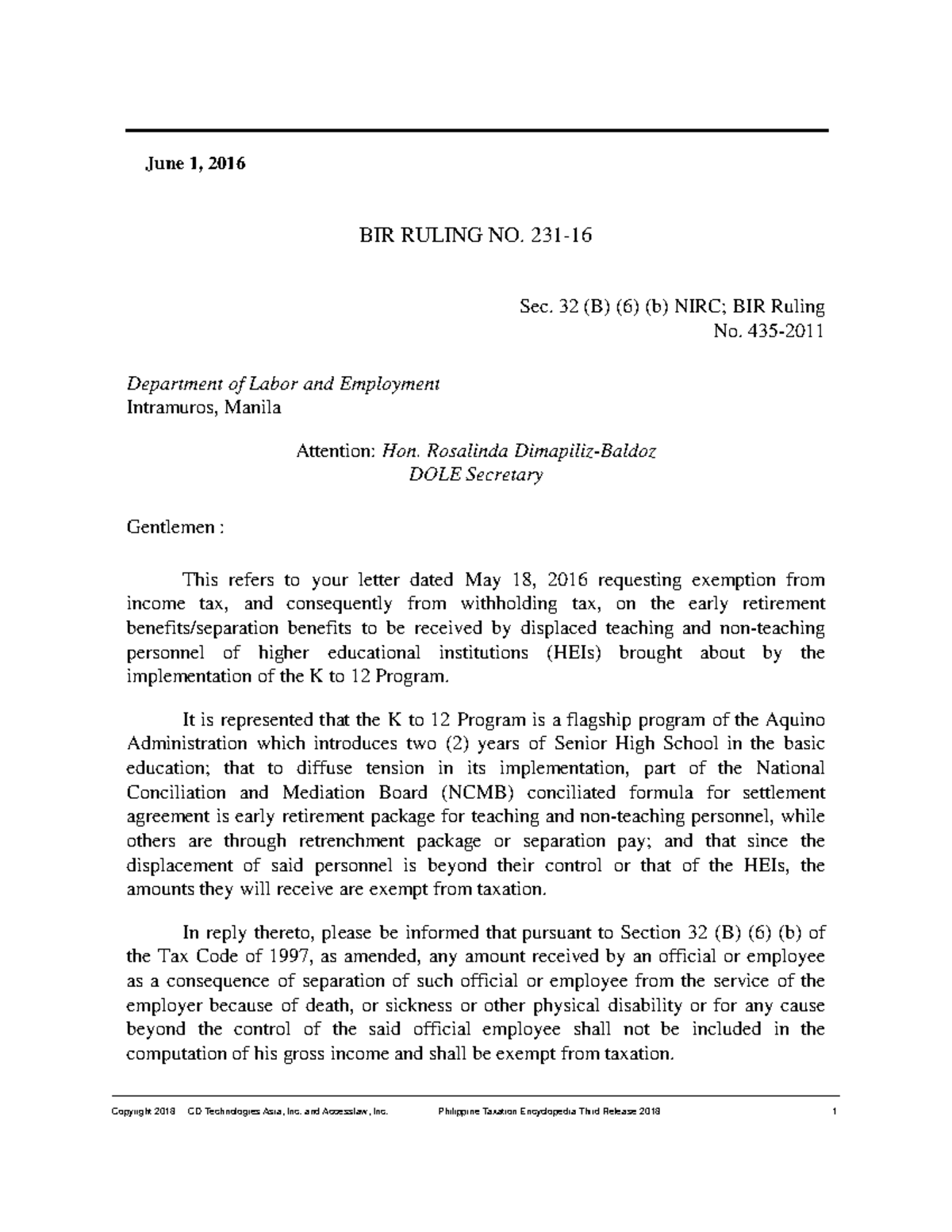 BIR Ruling No. 231-16 - June 1, 2016 BIR RULING NO. 231- Sec. 32 (B) (6 ...