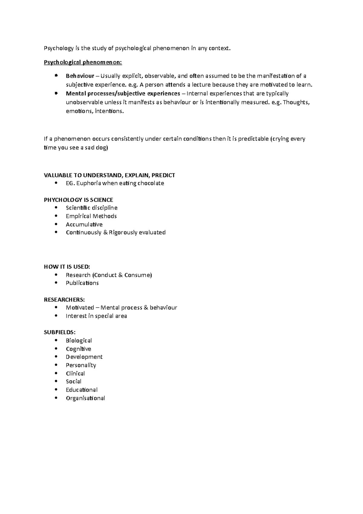 Introduction to Psychology Lecture 1 Notes - Psychology is the study of ...
