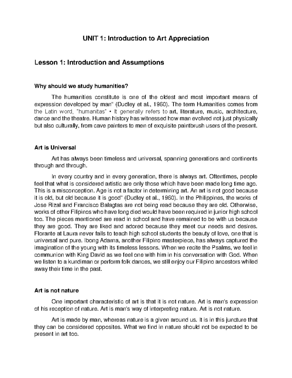 Lesson 1 & 2 (ART Appreciation) - UNIT 1: Introduction to Art Appreciation Lesson 1 ...