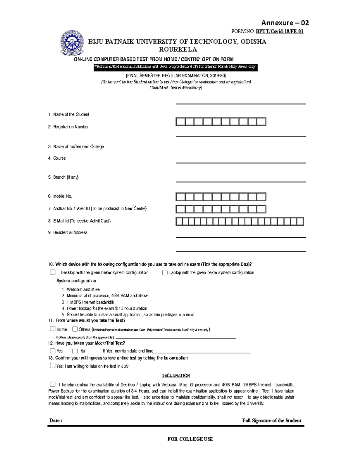 BPUT Form No Covid-19 FE-01 - Business - XIME - Studocu