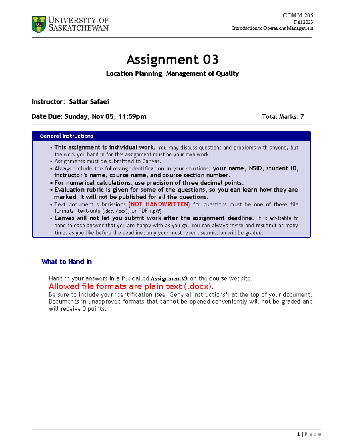 Assignment 03-1 - question - COMM 205 Fall 2023 Introduction to Operations Management Assignment ...