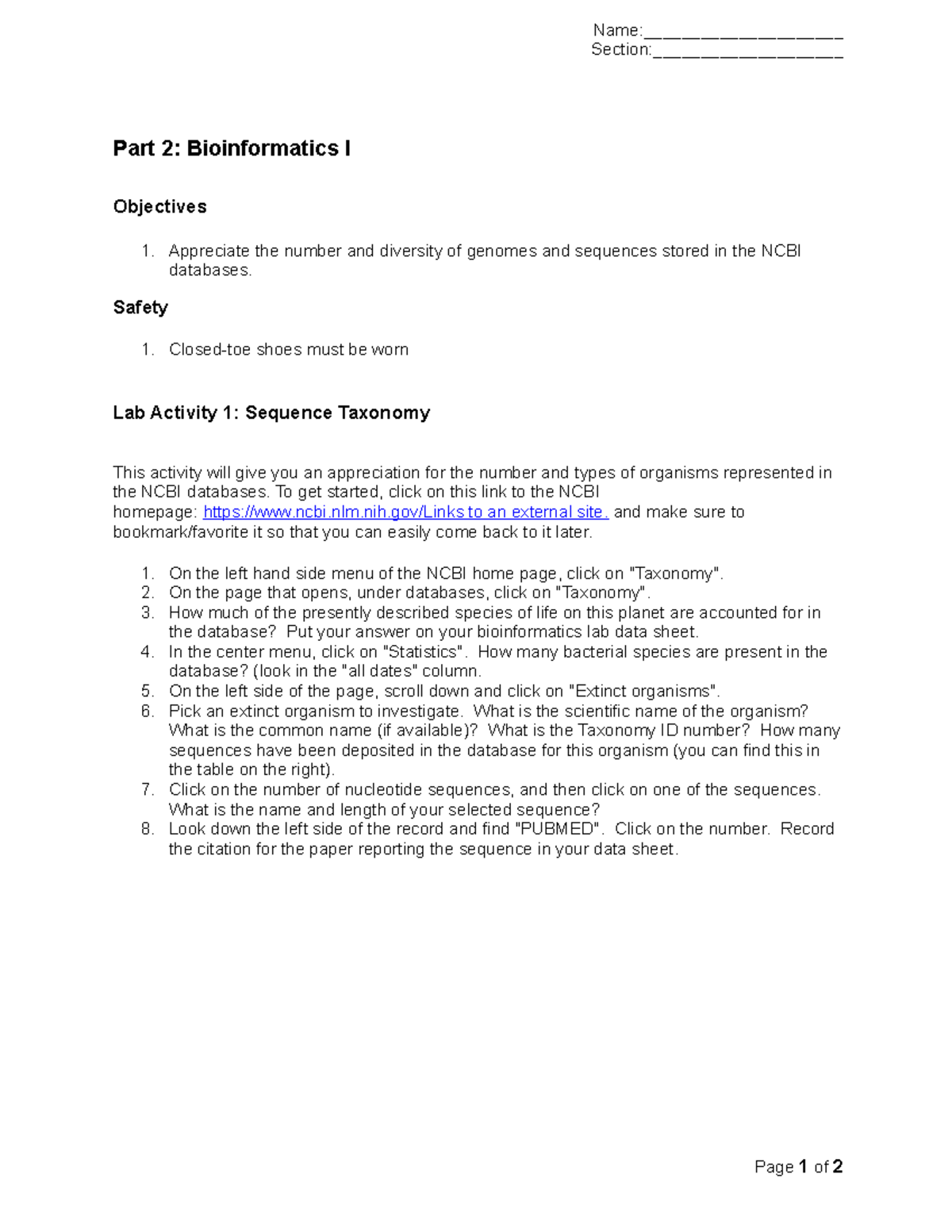 Forensic Biology Bioinformatics I Lab-Procedure V2 - Name ...