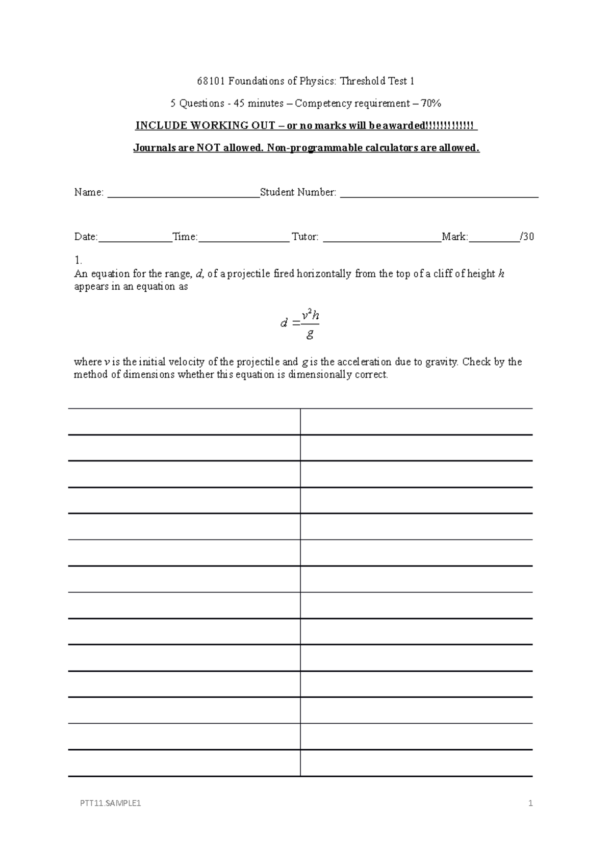Threshold test 1 - 68101 Foundations of Physics: Threshold Test 1 5 ...
