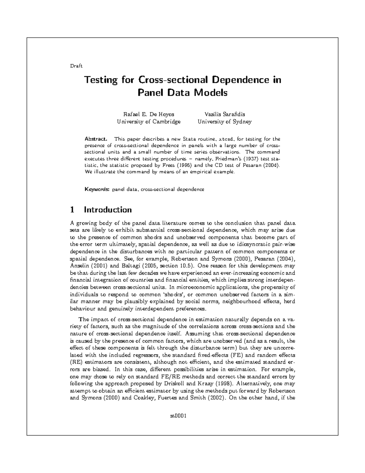 Testing For Cross Sectional Dependence In Panel Data Models Draft