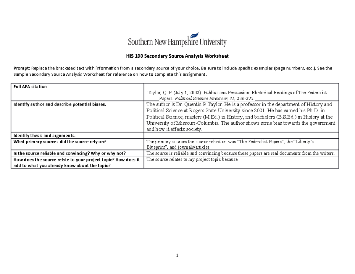 HIS 100 3-4Activity Secondary Source Analysis Worksheet - HIS 100 ...