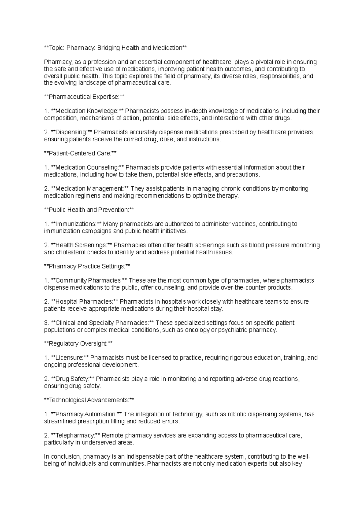 Codes 573822139 - Handout - Topic: Pharmacy: Bridging Health and ...