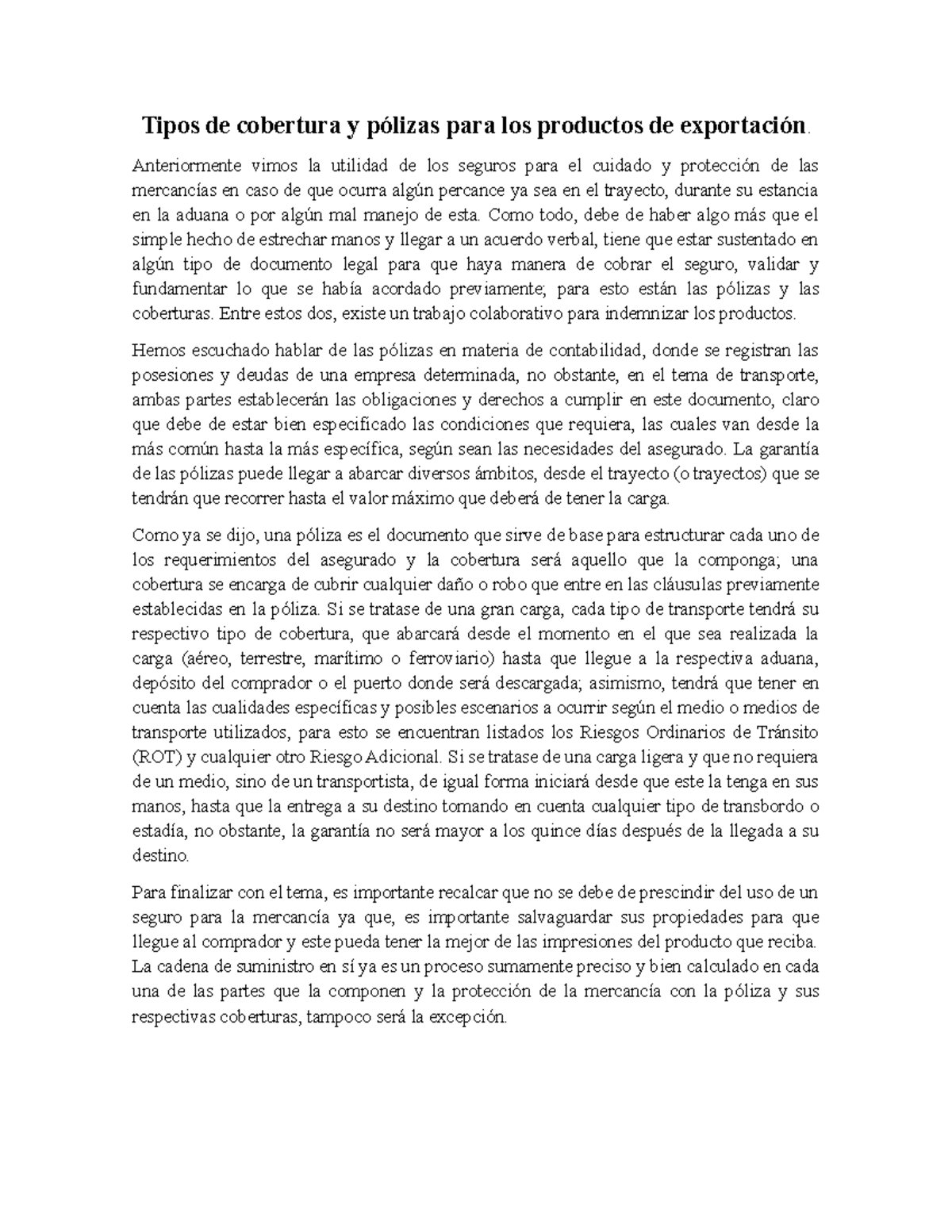 Tipos de cobertura y pólizas para los productos de exportación ...