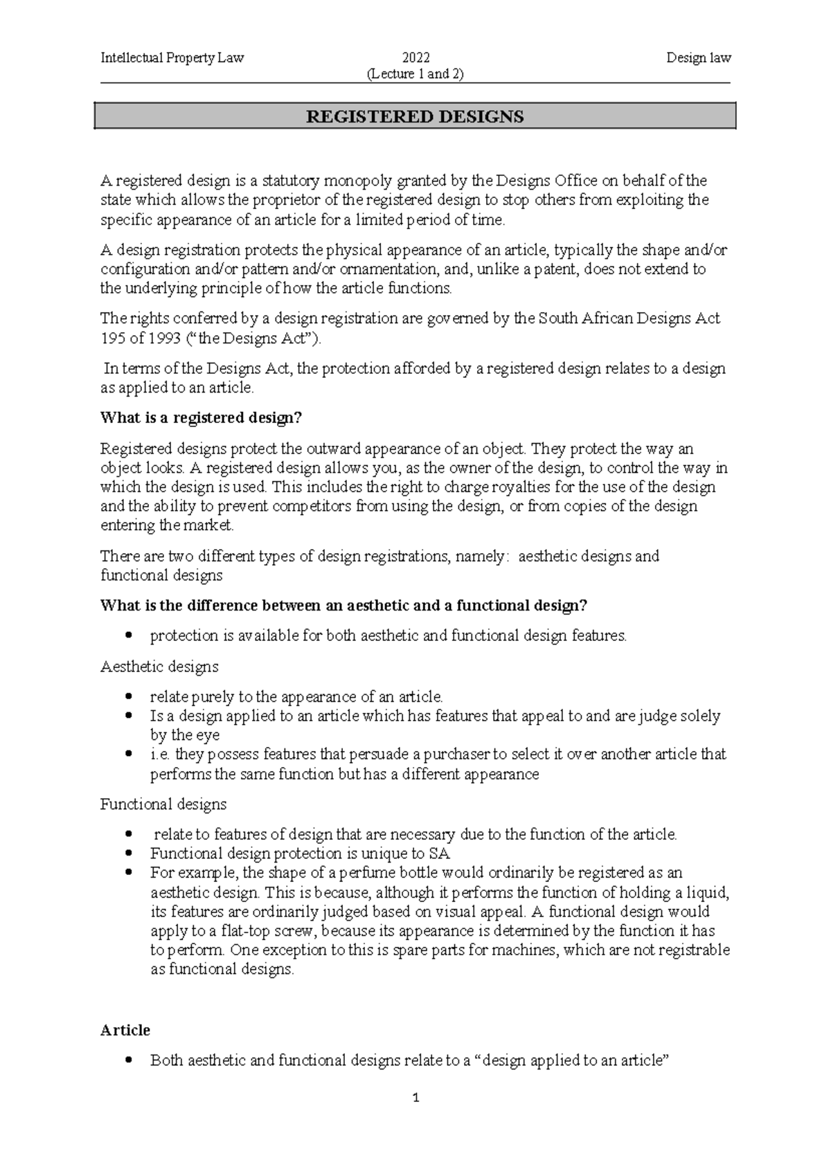 IP2023 -Design Law Notes - (Lecture 1 and 2) REGISTERED DESIGNS A ...