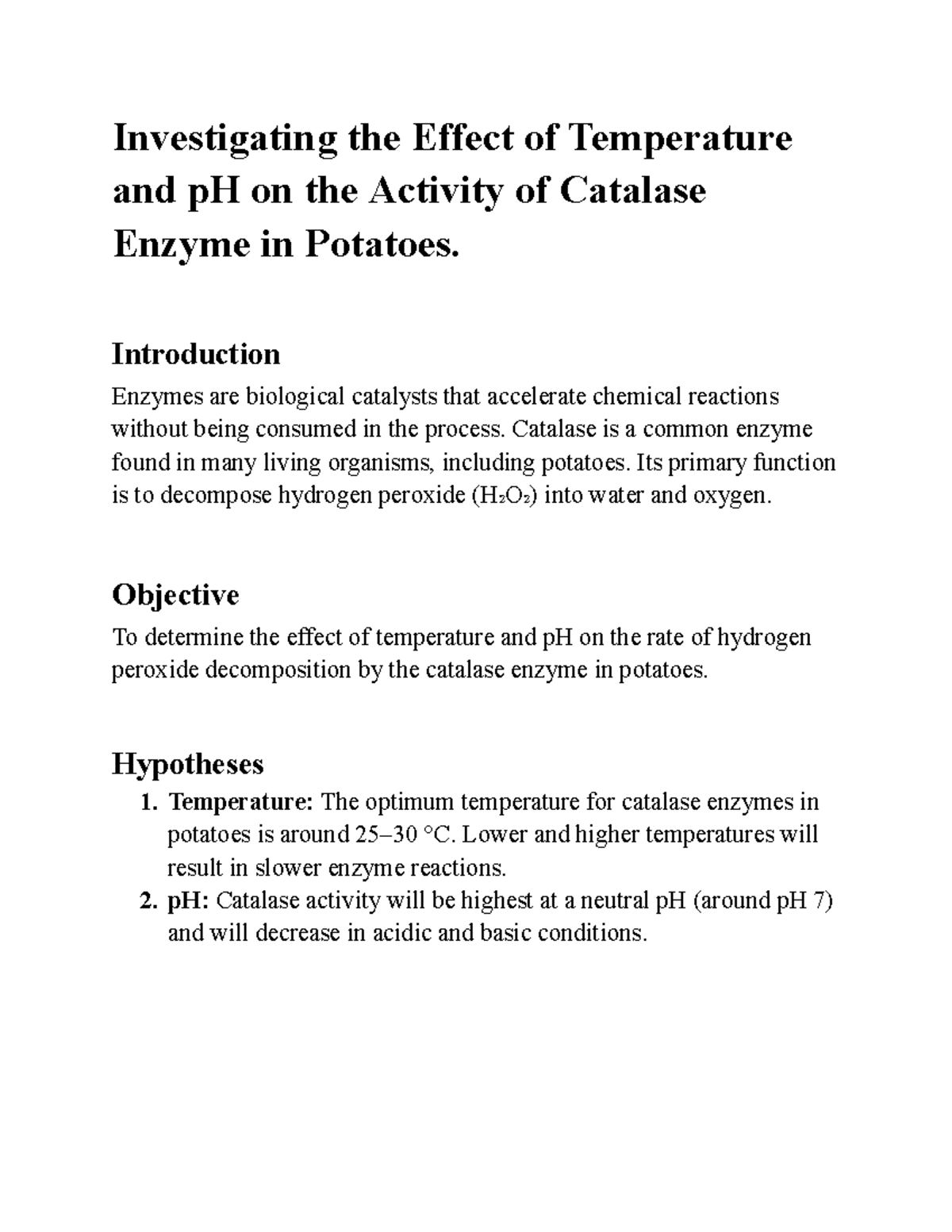 Enzyme Potato Experiment Mini Project - Investigating the Effect of ...