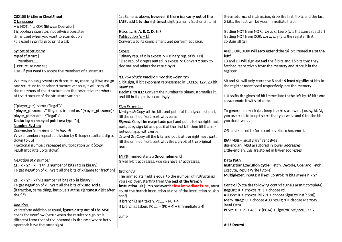 CS2100 Midterm Cheatsheet - .... } ; Use. if you want to access the members of - Studocu