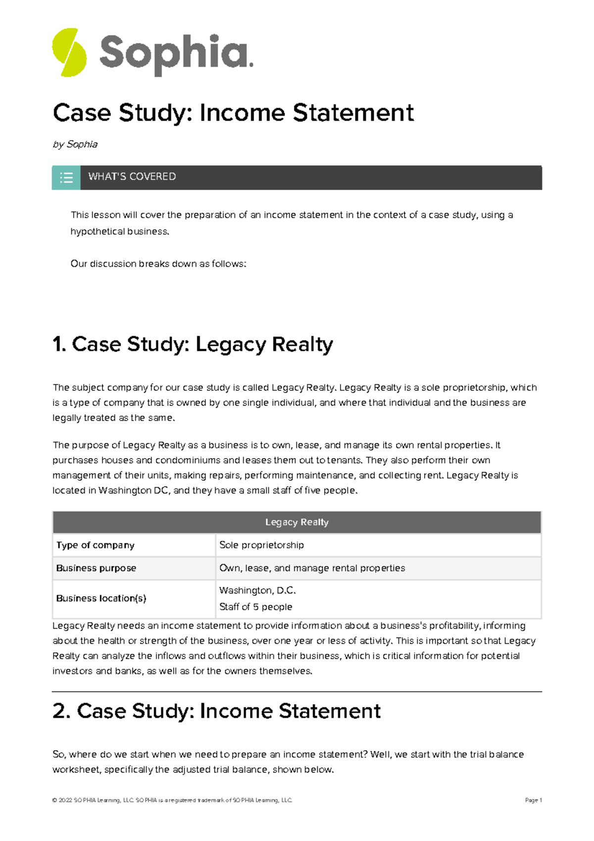 Case study income statement 2 - Case Study: Income Statement by Sophia ...