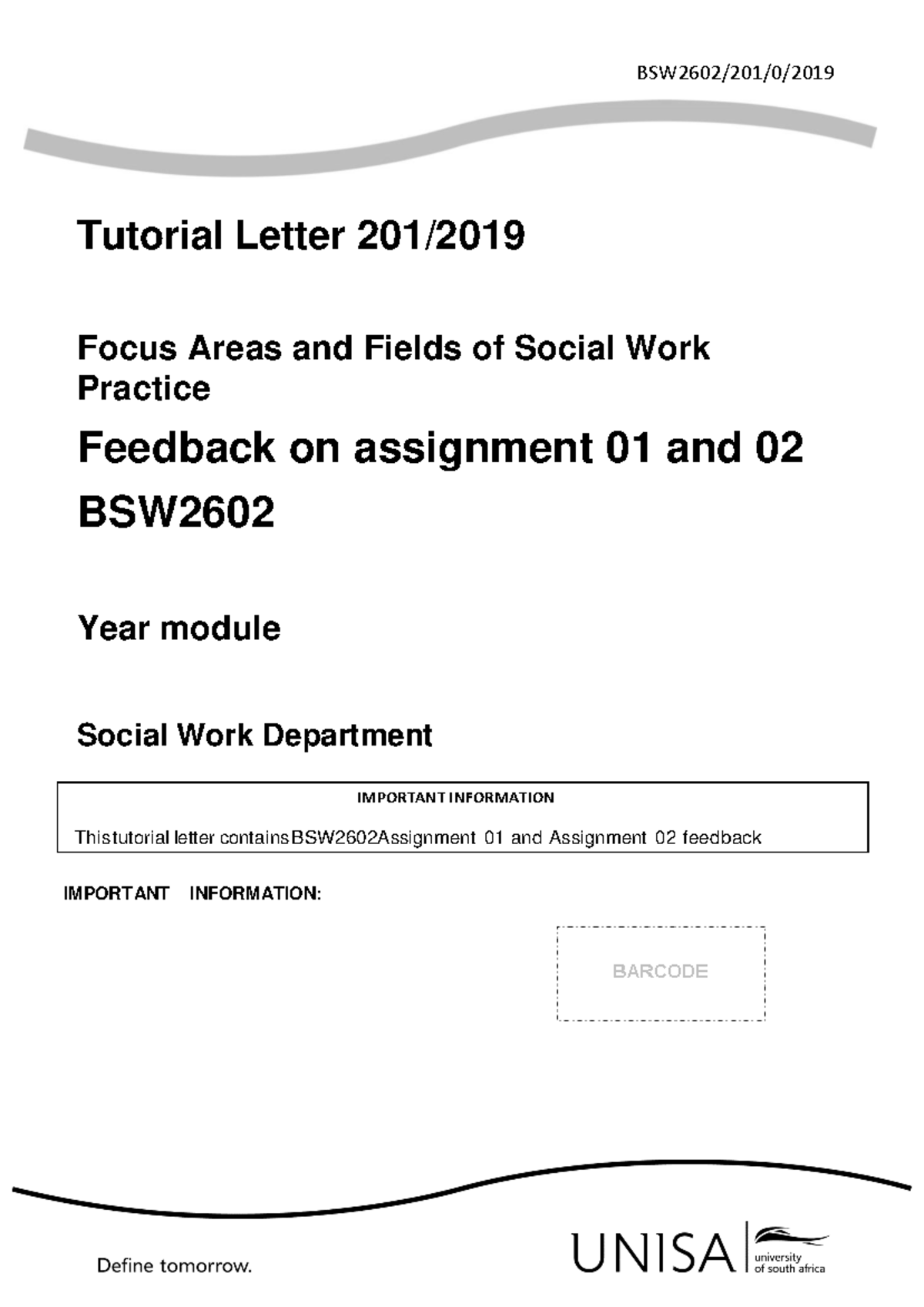 BSW2602 201 2019 - Feedback for 2019 Assignments - Tutorial Letter 20 1 ...