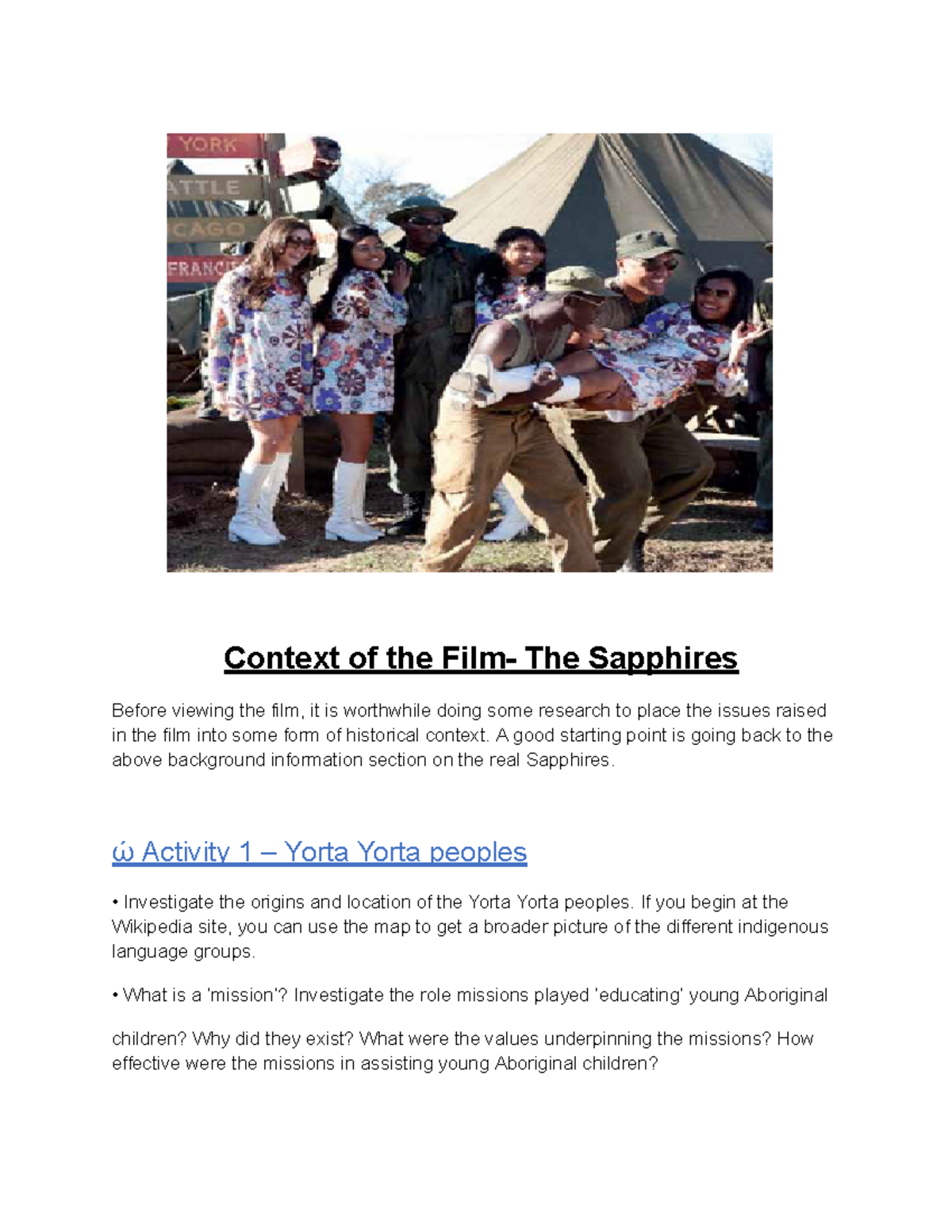 Context of the Film- The Sapphires - A good starting point is going ...