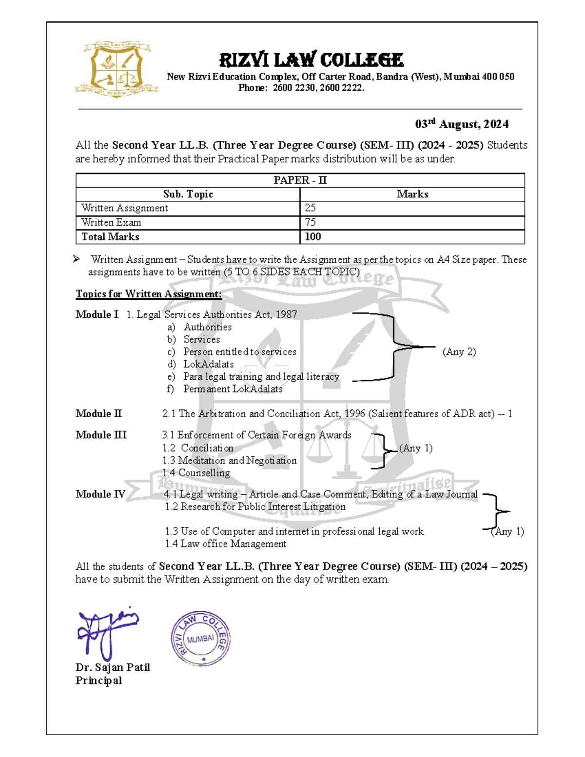 Second YEAR LLB Practical Notice - RIZVI LAW COLLEGE New Rizvi ...
