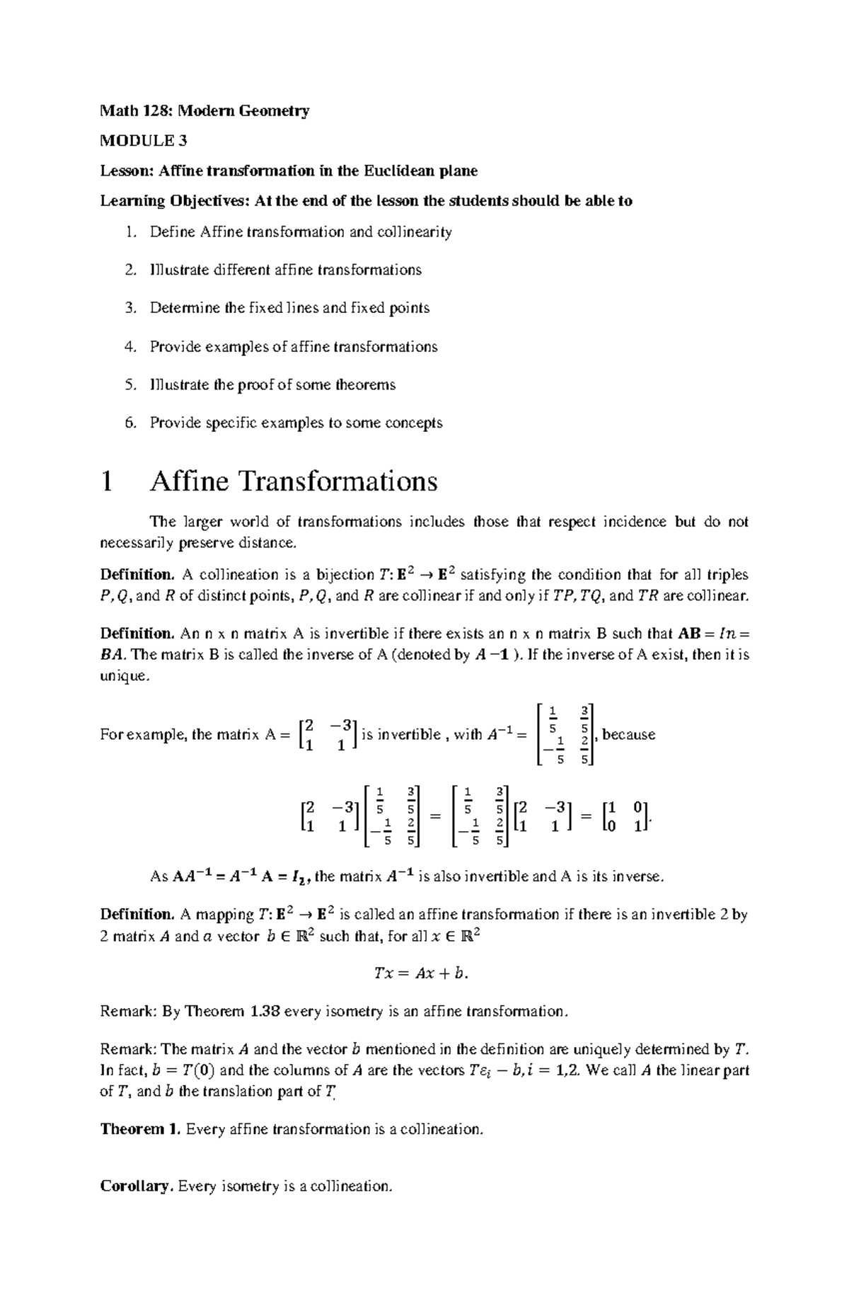 Module 3 Affine Transformation - Math 128: Modern Geometry MODULE 3 ...