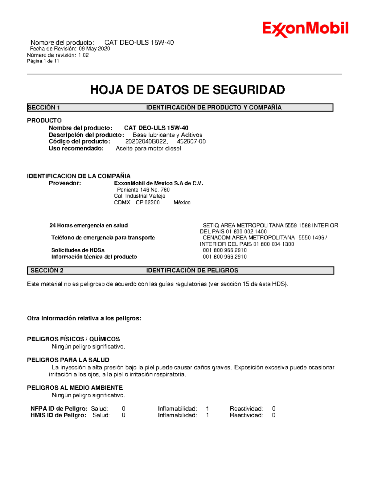 4. Exxon Mobil CAT DEO-ULS 15W-40 - Fecha de Revisión: 09 May 2020 ...