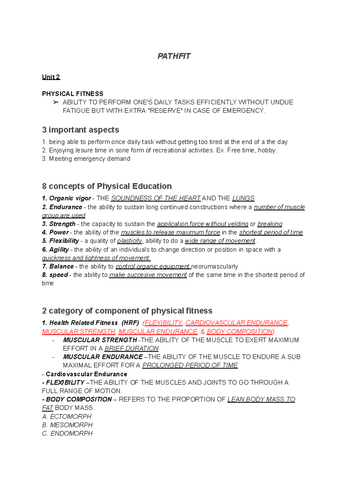 P - READ WELL - PATHFIT Unit 2 PHYSICAL FITNESS ABILITY TO PERFORM ONE ...