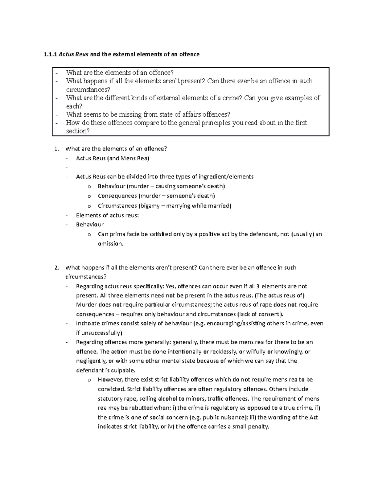 Week 1 class notes - Elements of an offence - 1.1 Actus Reus and the ...
