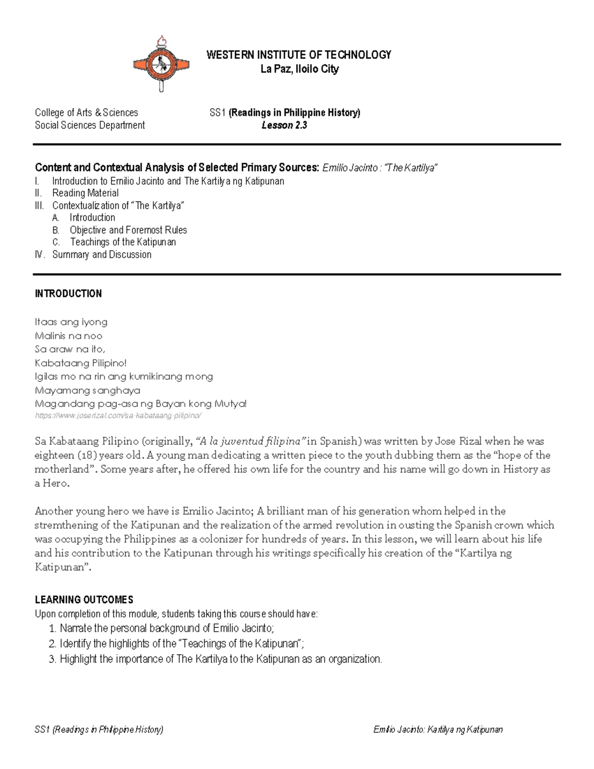 SS1 Lesson 2.3 Guide Module 2024 - SS1 (Readings in Philippine History ...