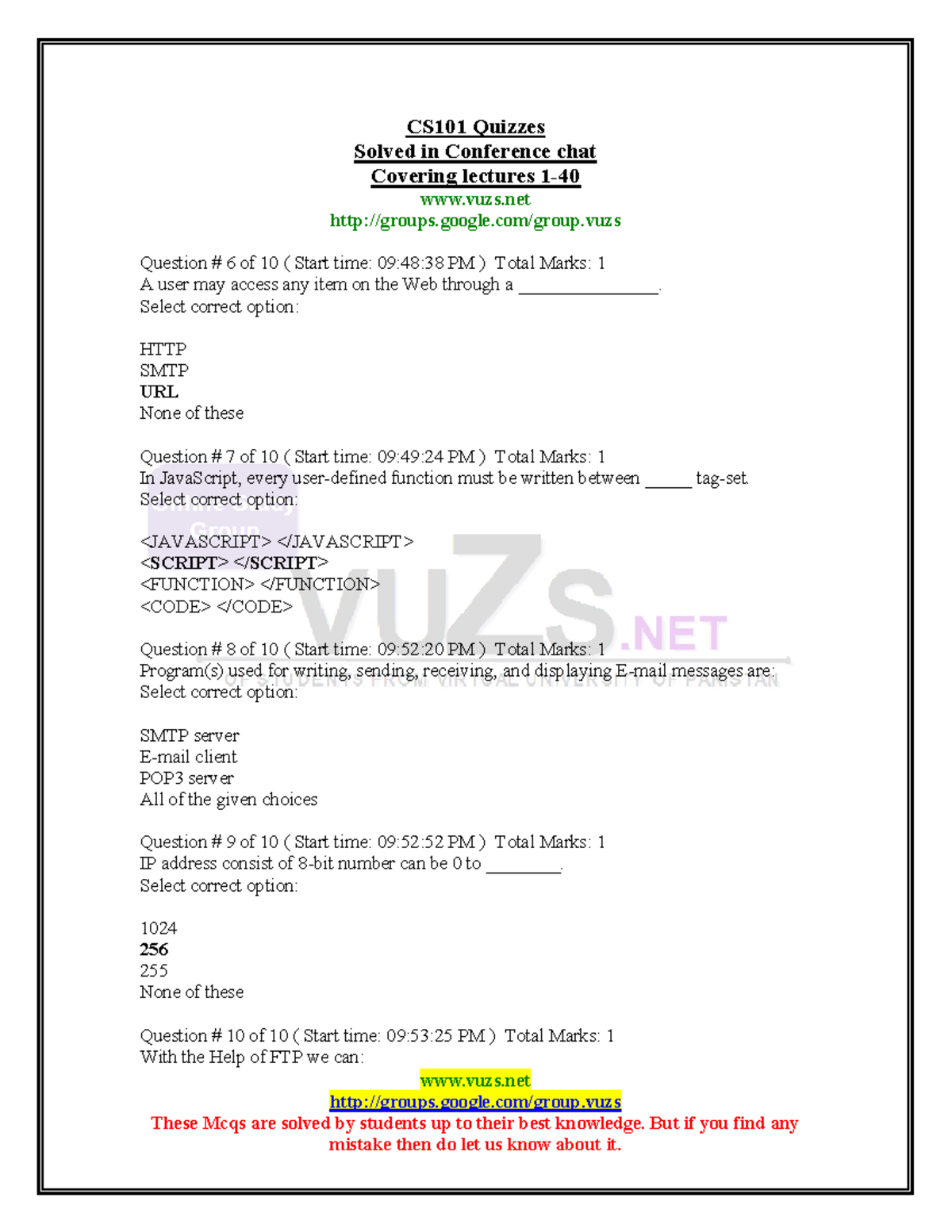CS101 Latest MCQs Covering lecture 1-40 - vuzs groups.google/group.vuzs ...