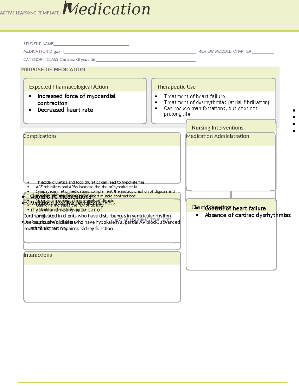 Digoxin - ATI med sheet - Expected Pharmacological Action Therapeutic ...