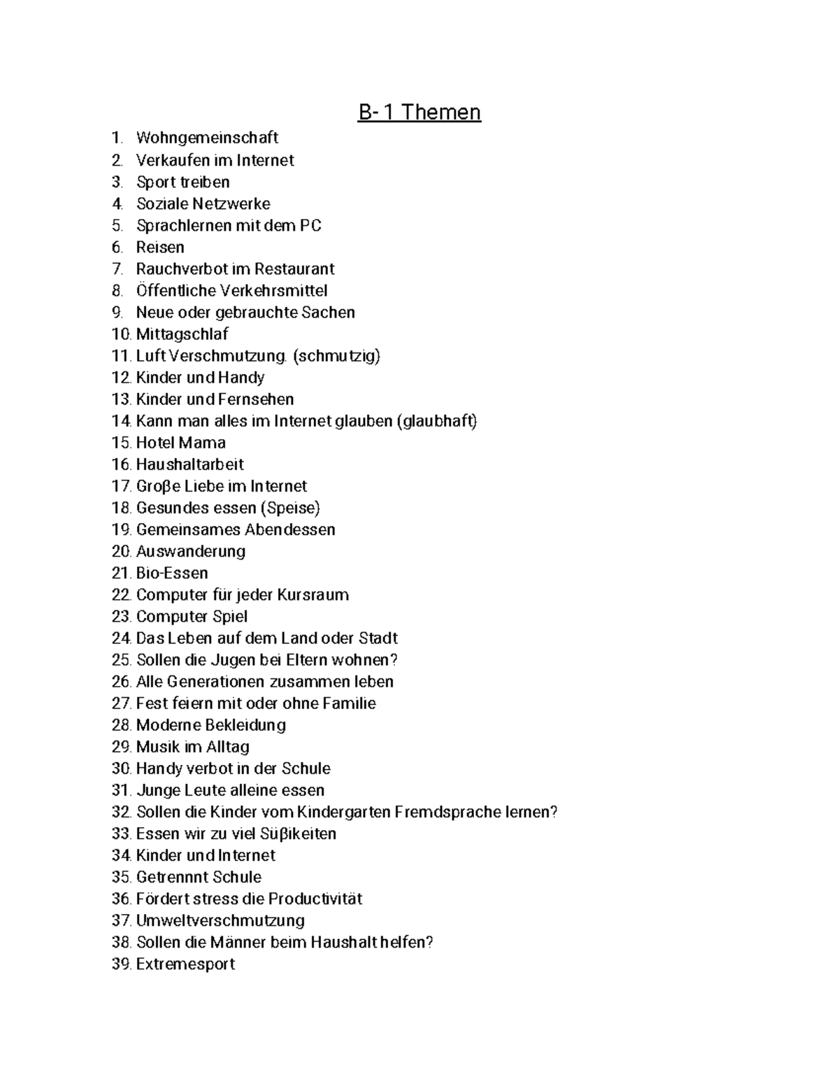 B1 sprechen Themen List - B- 1 Themen 1 .Wohngemeinschaft 2 ...