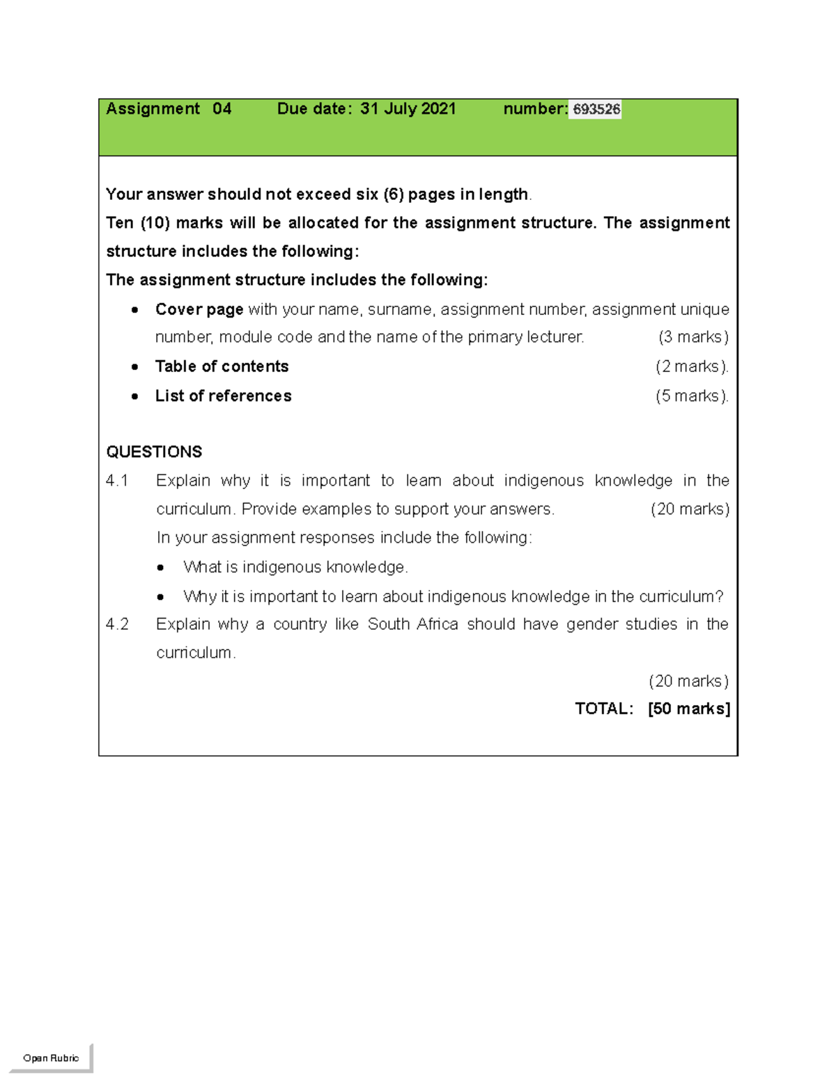 EDS3701 Assignment 04 - Assignment 04 Due date: 31 July 2021 number ...