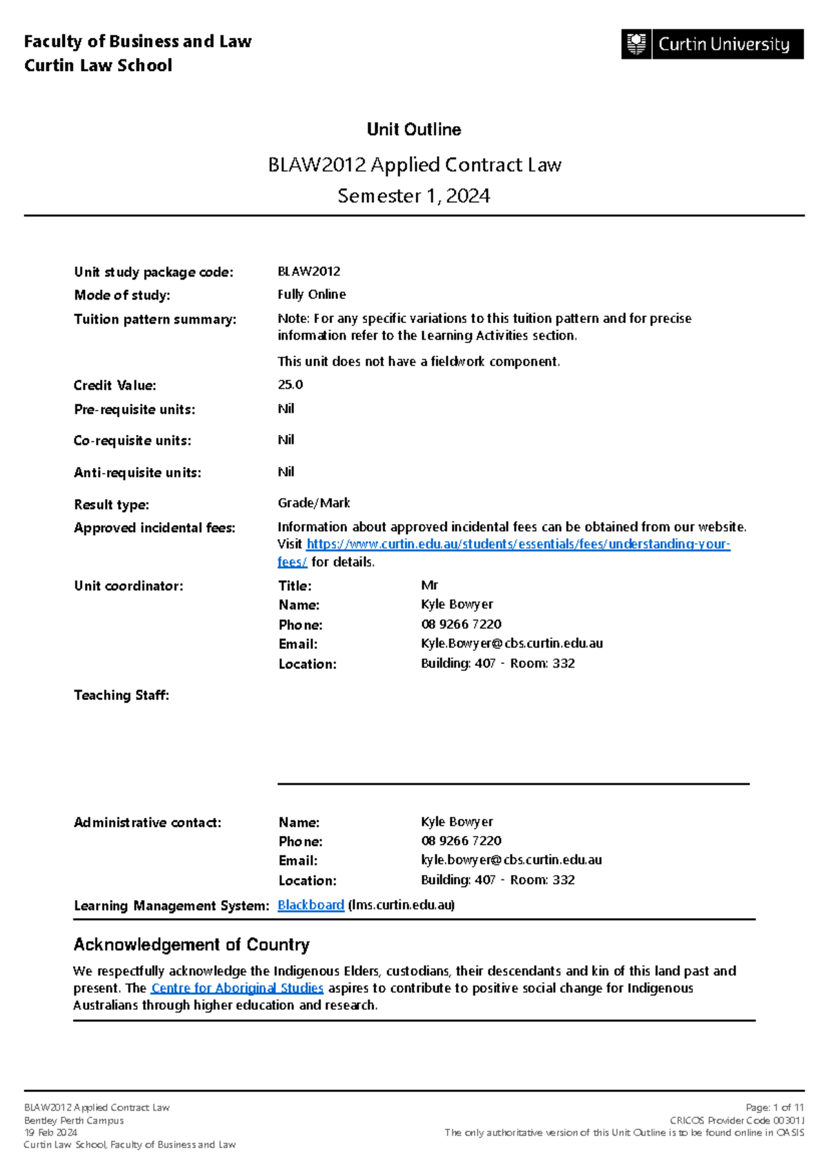 BLAW2012 Applied Contract Law Semester 1 2024 Bentley Perth Campus FO - Acknowledgement of ...
