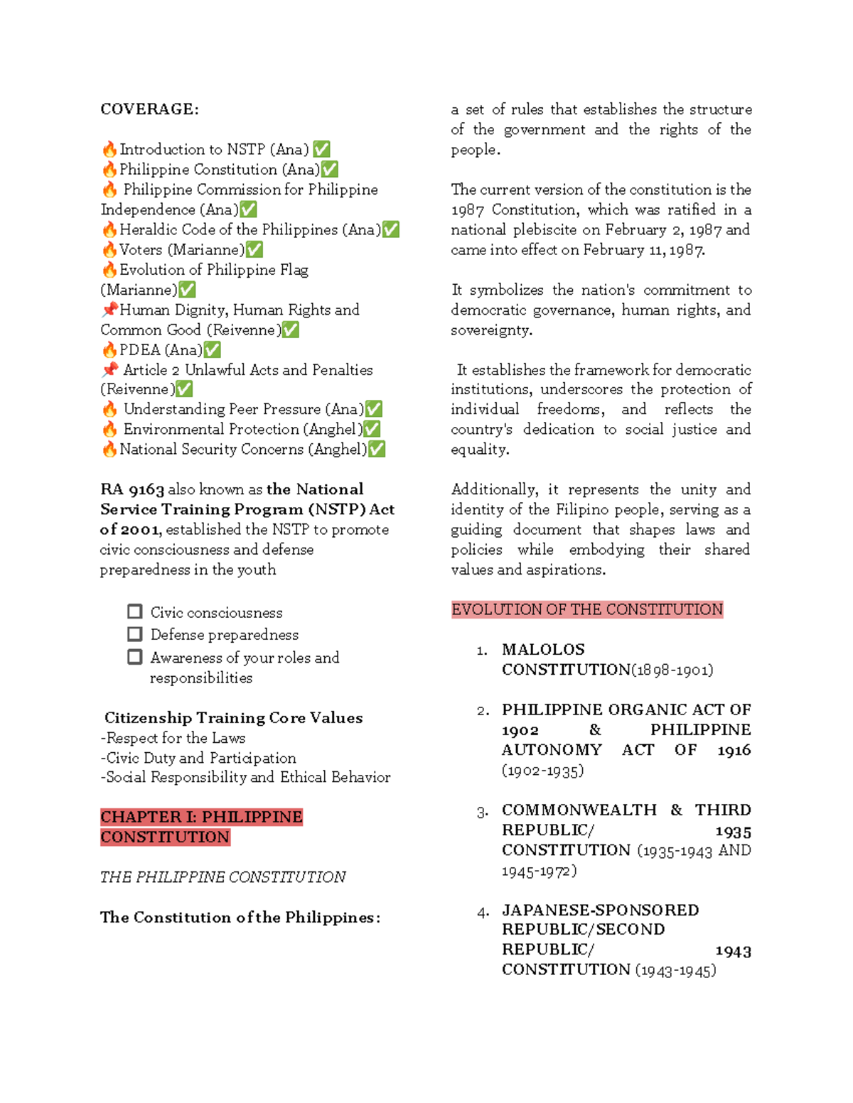 LTS-Reviewer-Midterms - COVERAGE: 🔥Introduction to NSTP (Ana) 🔥 ...