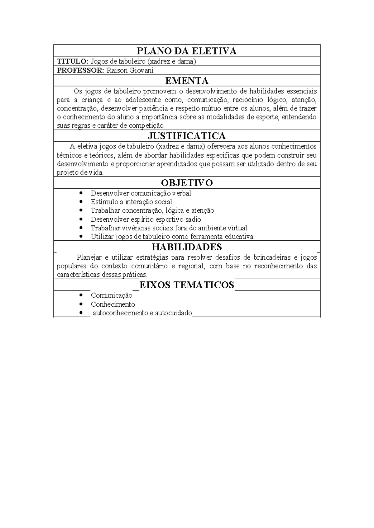 Plano DA Eletiva - PLANO DA ELETIVA TITULO: Jogos de tabuleiro (xadrez e dama) PROFESSOR: Raison ...