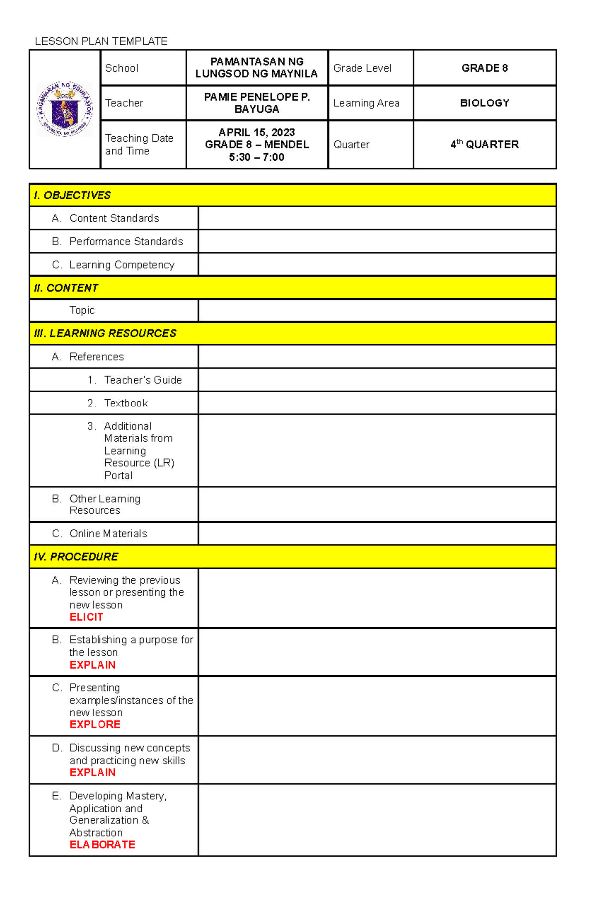 Lesson-PLAN- Template - LESSON PLAN TEMPLATE School PAMANTASAN NG ...