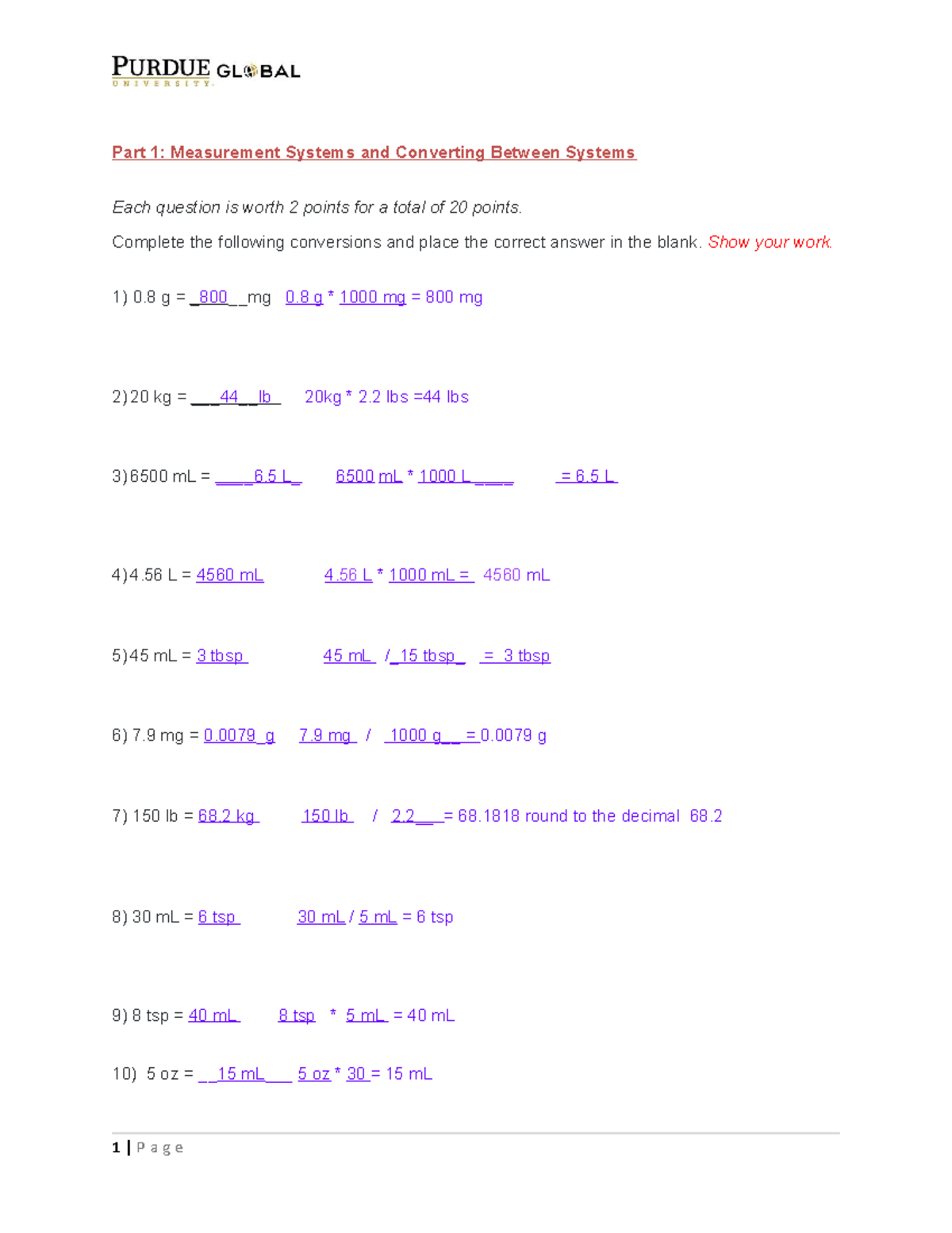 HS140 Unit 6 Assignment Erica Hazen - Part 1: Measurement Systems and Converting Between Systems ...