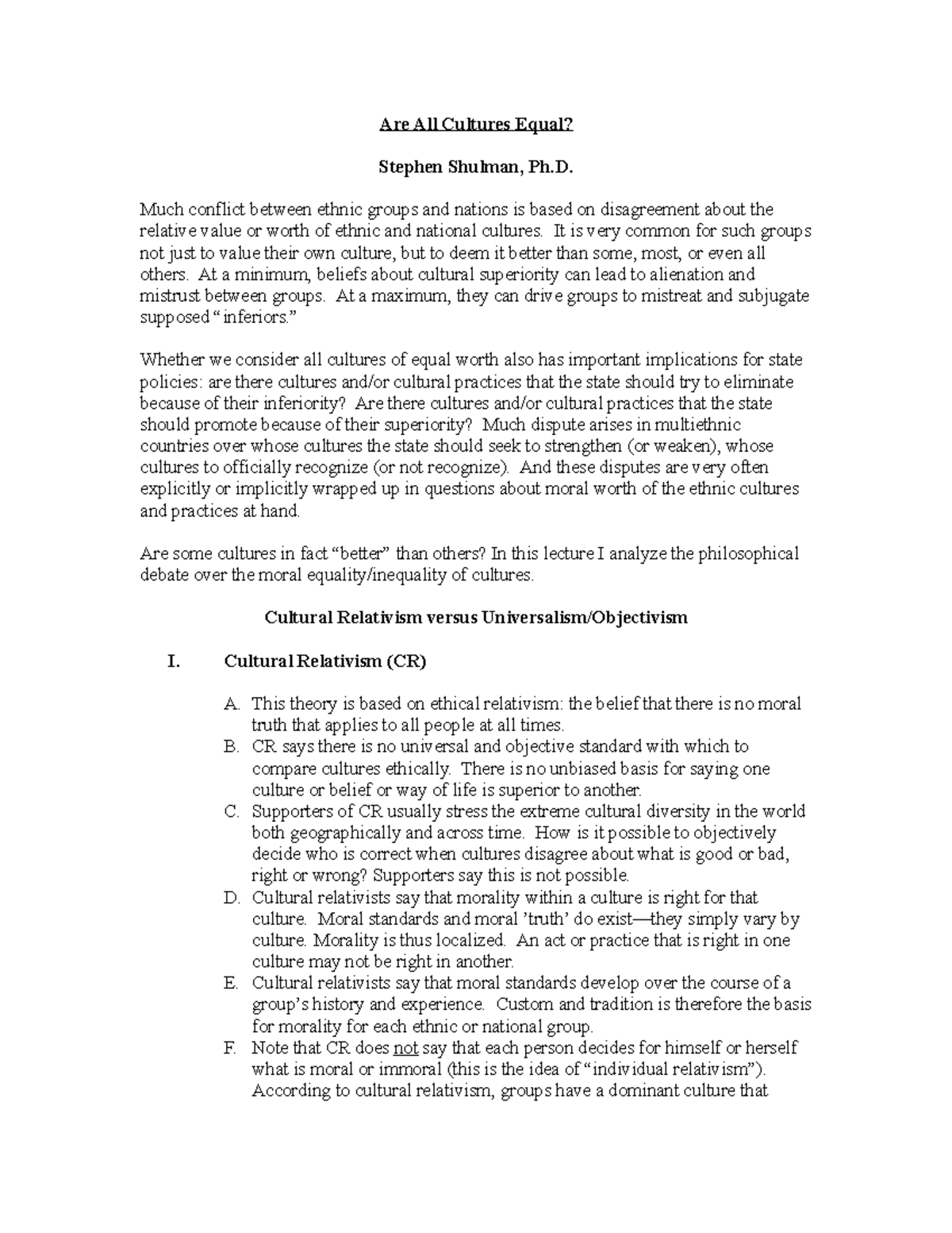 Cultural Relativism - notes - Are All Cultures Equal? Stephen Shulman ...