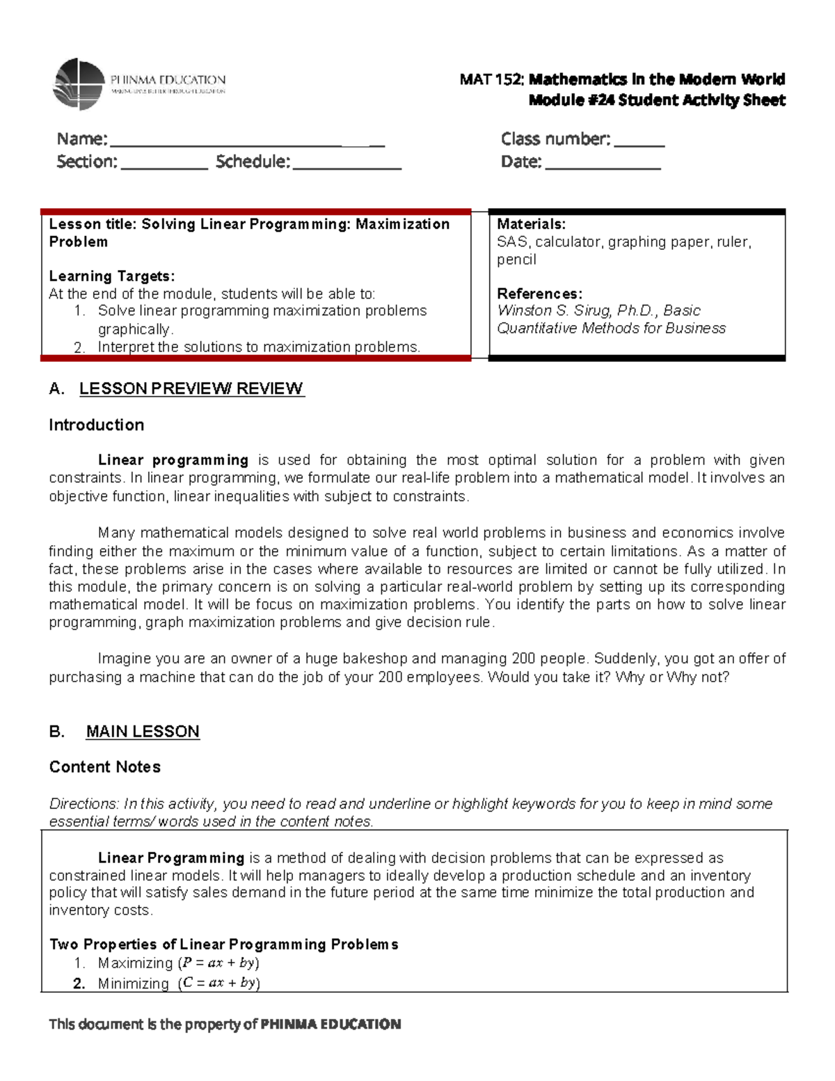 MAT 152 SAS#24 - SAS - Module #24 Student Activity Sheet Name