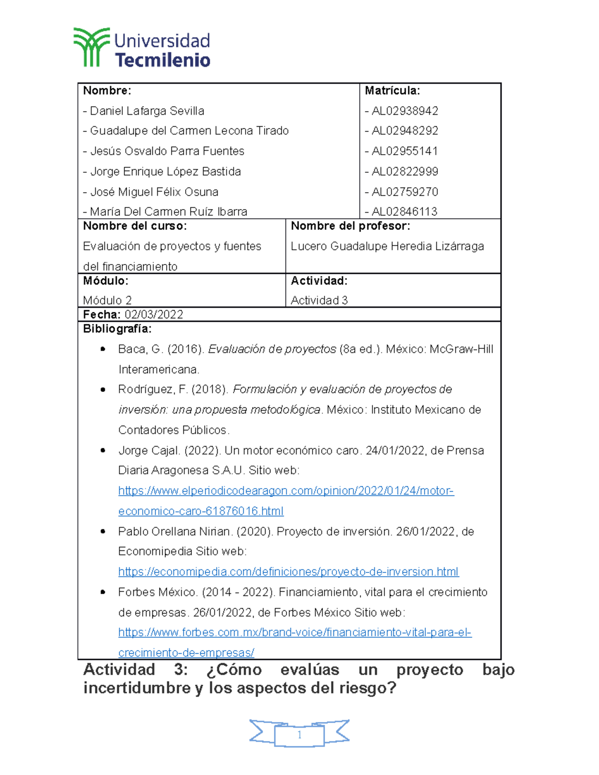 Actividad 3 - Evaluación de proyectos y fuentes del financiamiento ...