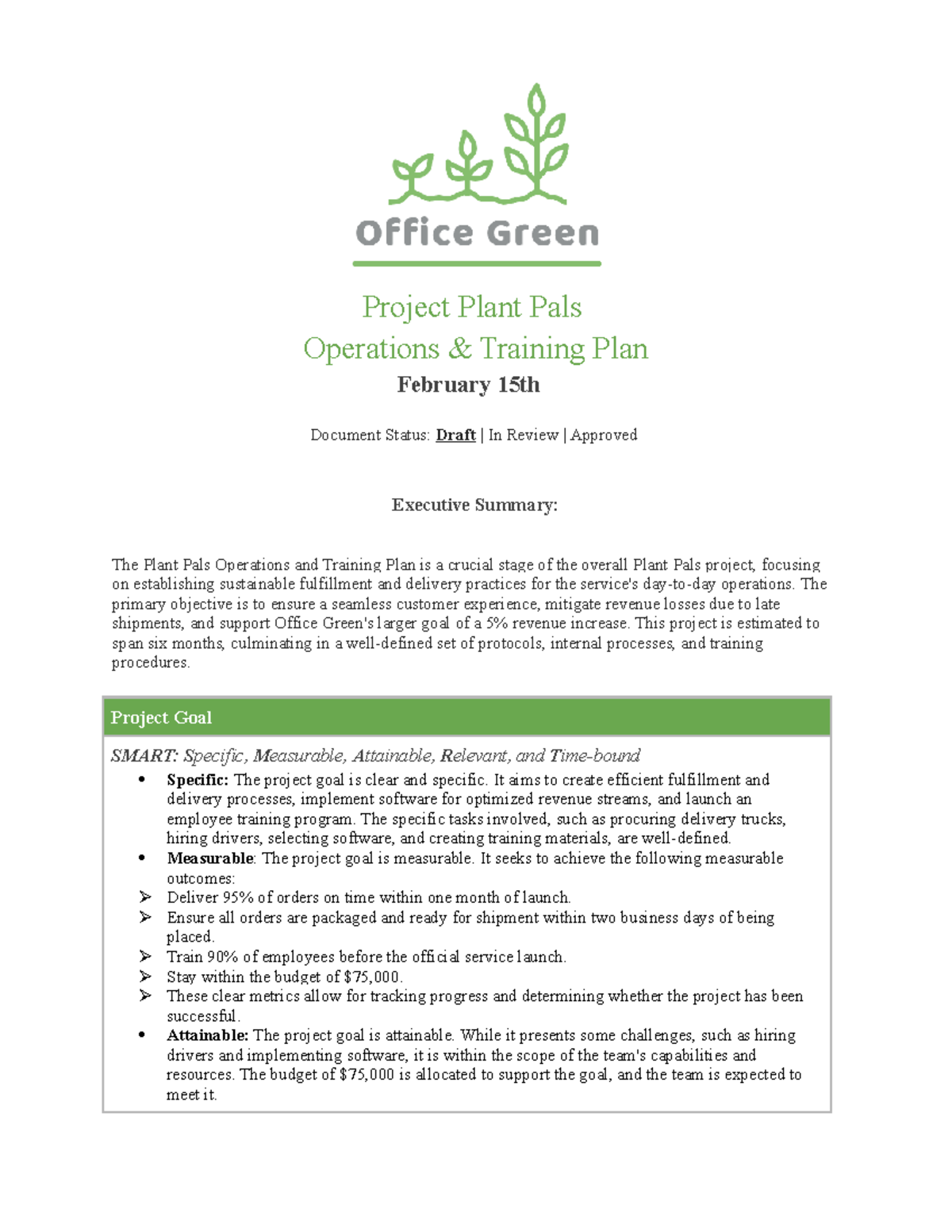 Activity Template Project charter - Project Plant Pals Operations ...