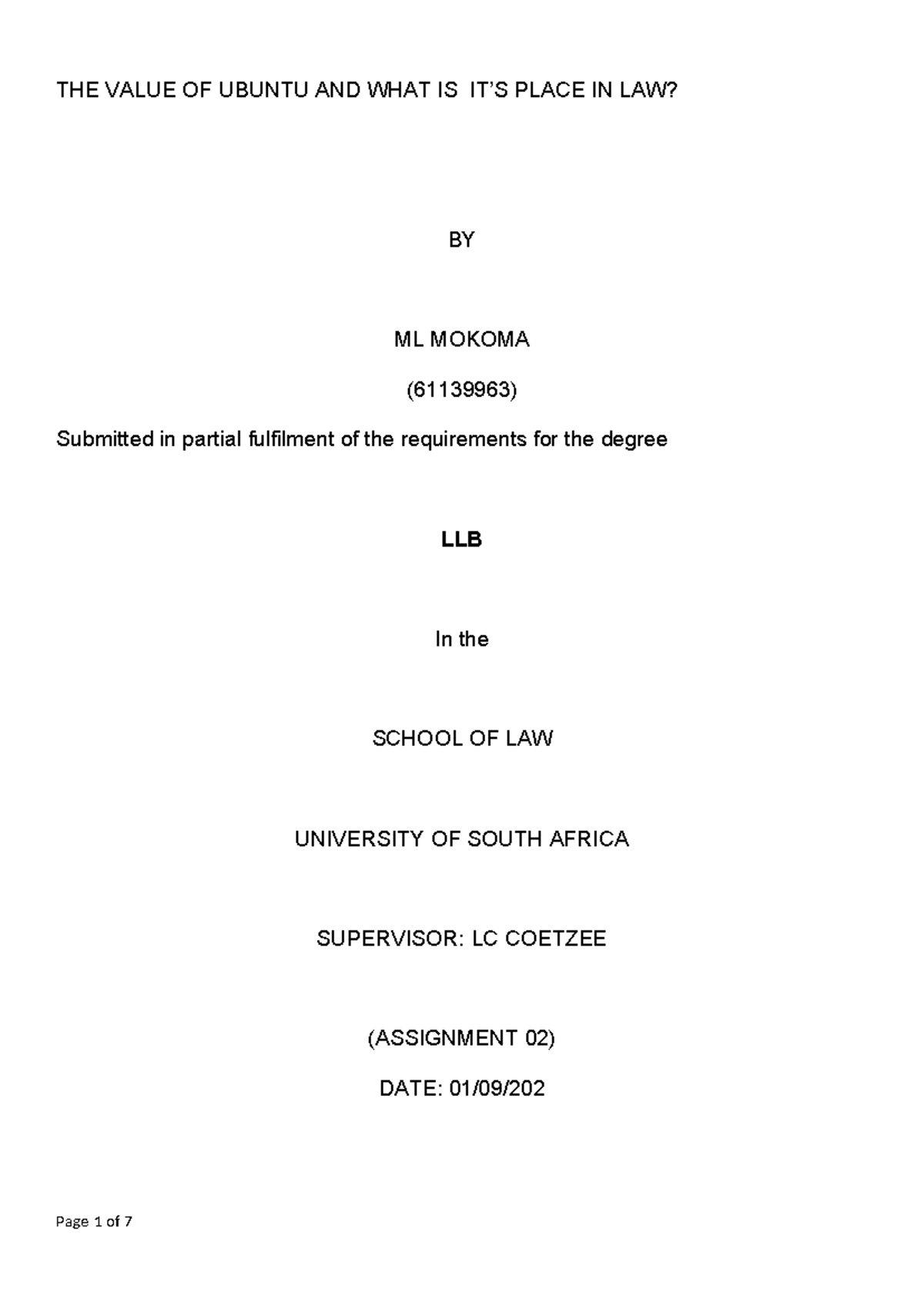 Rrllb 81 assignment 2 - THE VALUE OF UBUNTU AND WHAT IS IT’S PLACE IN ...