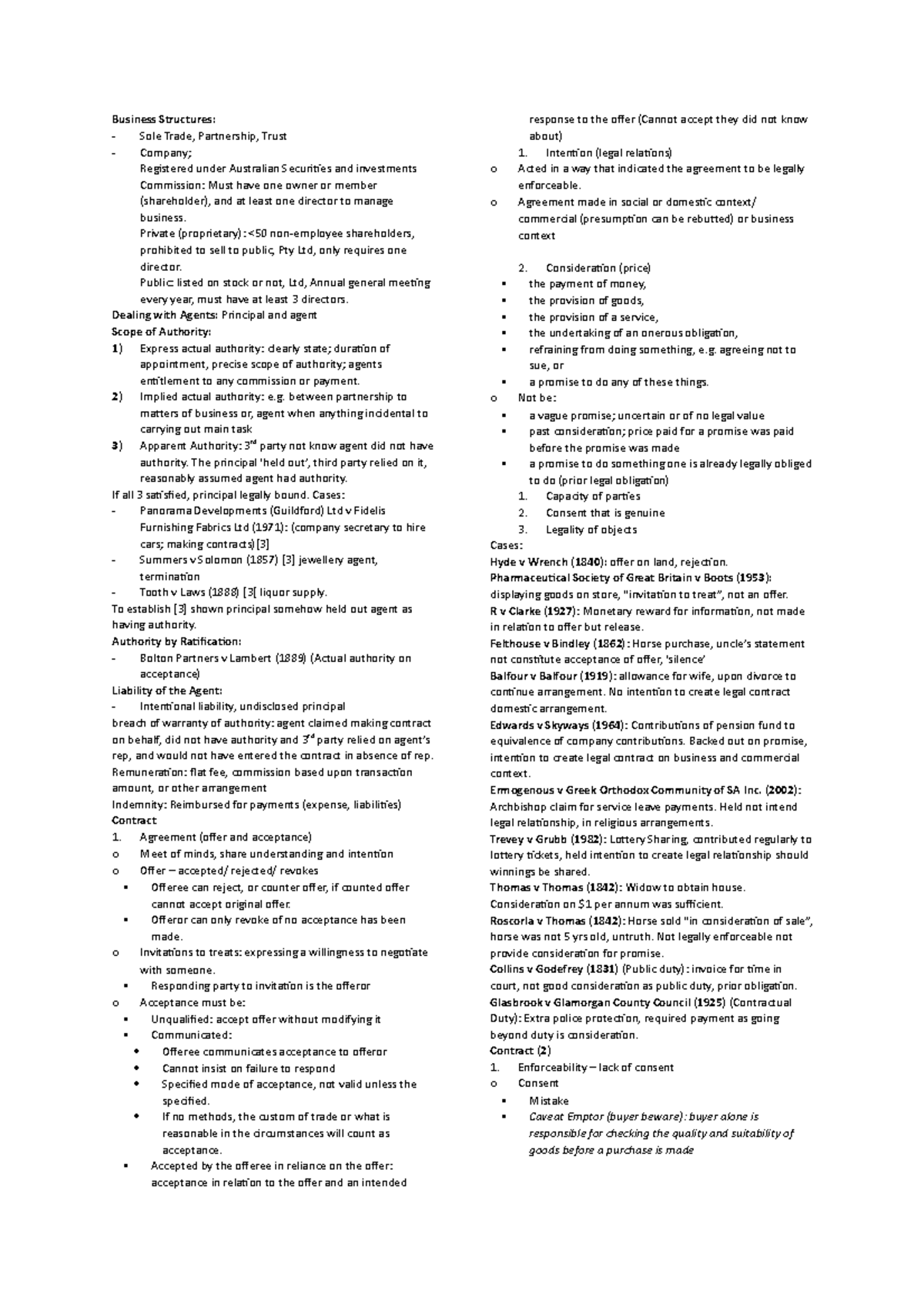 Exam Note Pages - Exam Notes - Business Structures: Sole Trade ...